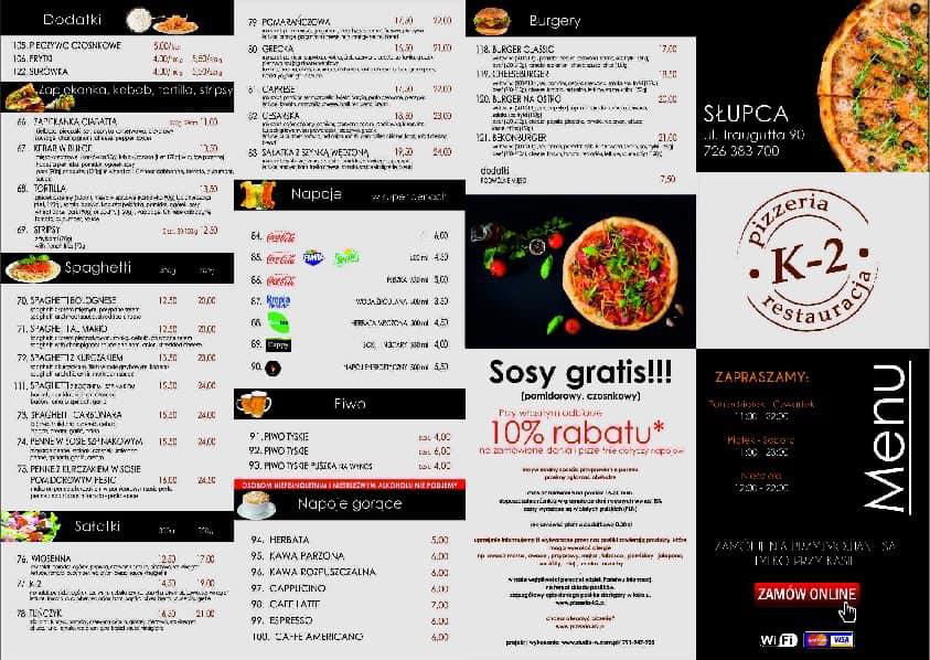 Menu at Pizzeria K-2, Slupca