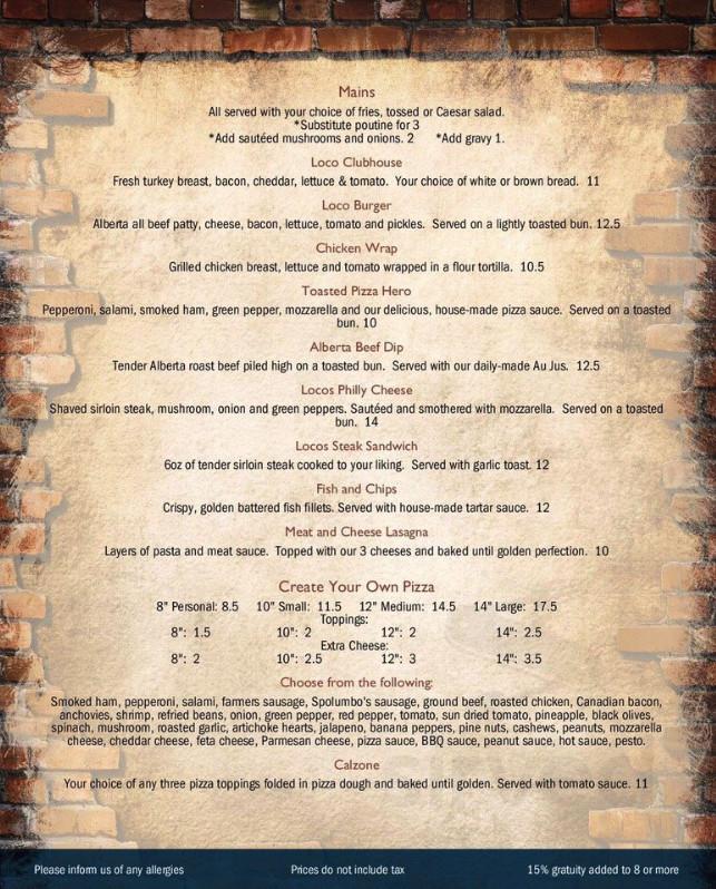 Menu at Poco Loco Pizza & Bar, Calgary