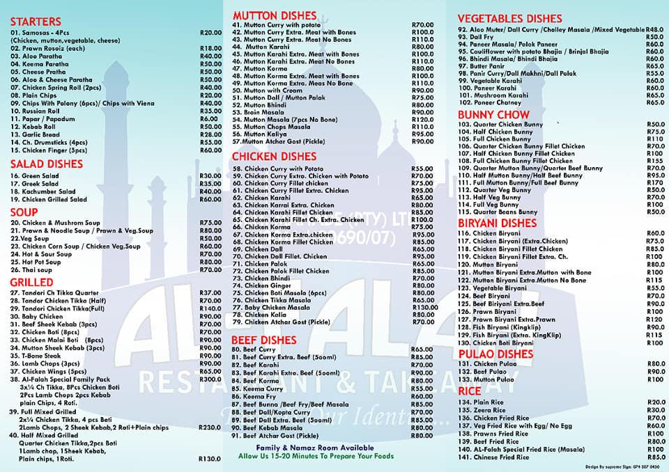 Menu at al-falah restaurant & takeway, Johannesburg, 8 Main Rd