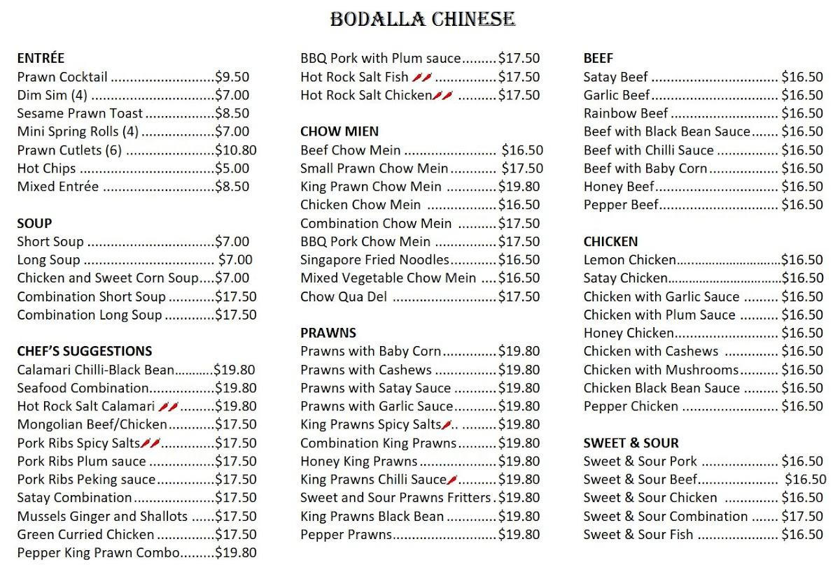 Menu at Bodalla Bowling & Recreation Club, Bodalla