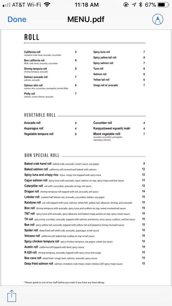 Menu at Bon Japanese Cuisine restaurant, Bee Cave