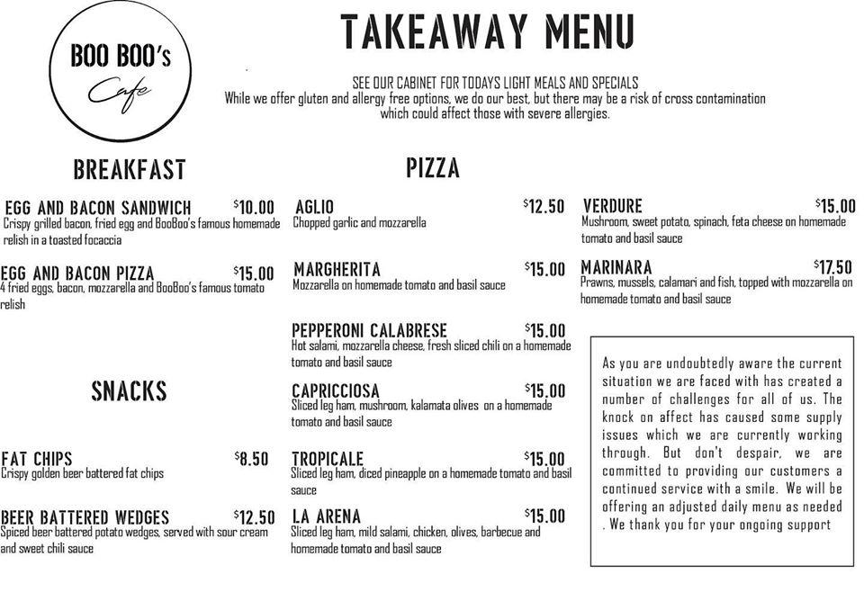 Menu at Booboo's Cafe, Somerville