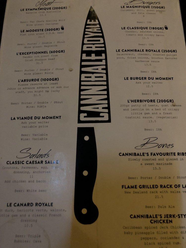 Menu at Cannibale Royale Handboogstraat, Amsterdam, Handboogstraat 17a