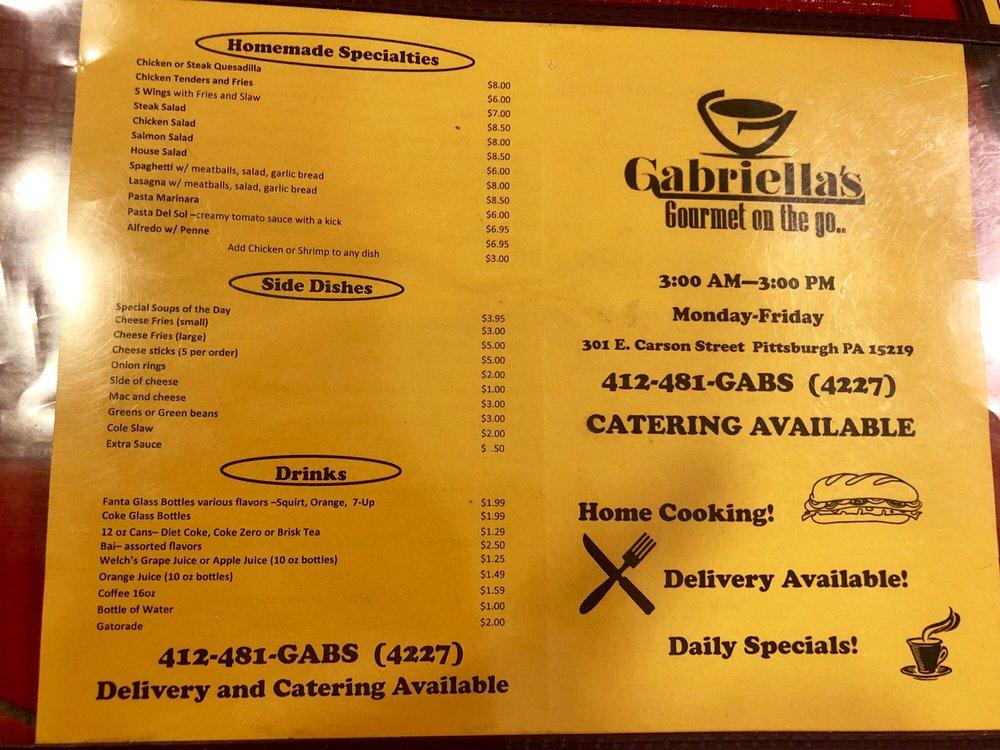 Menu at Gabriella's Gourmet restaurant, Pittsburgh