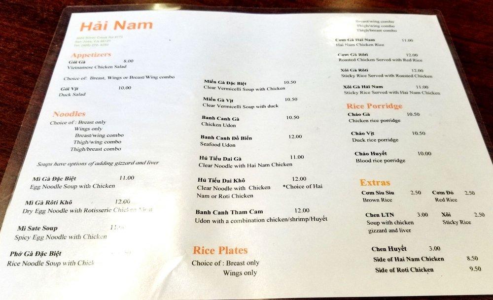 Menu at Hai Nam Restaurant, San Jose