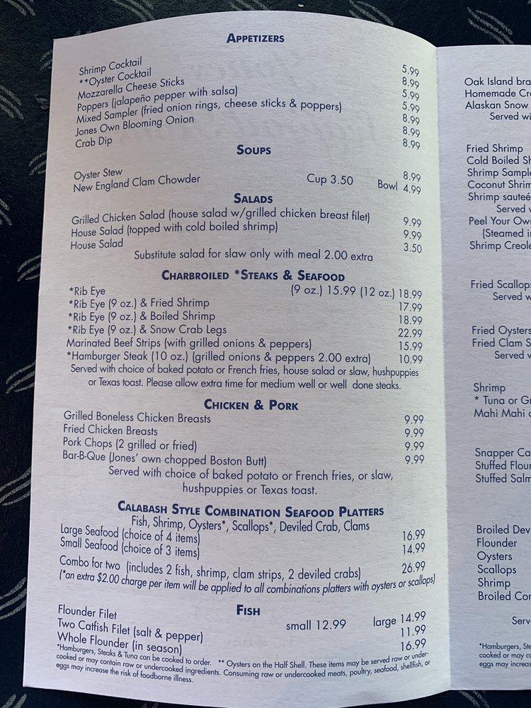 Menu at Jones' Seafood House restaurant, Oak Island