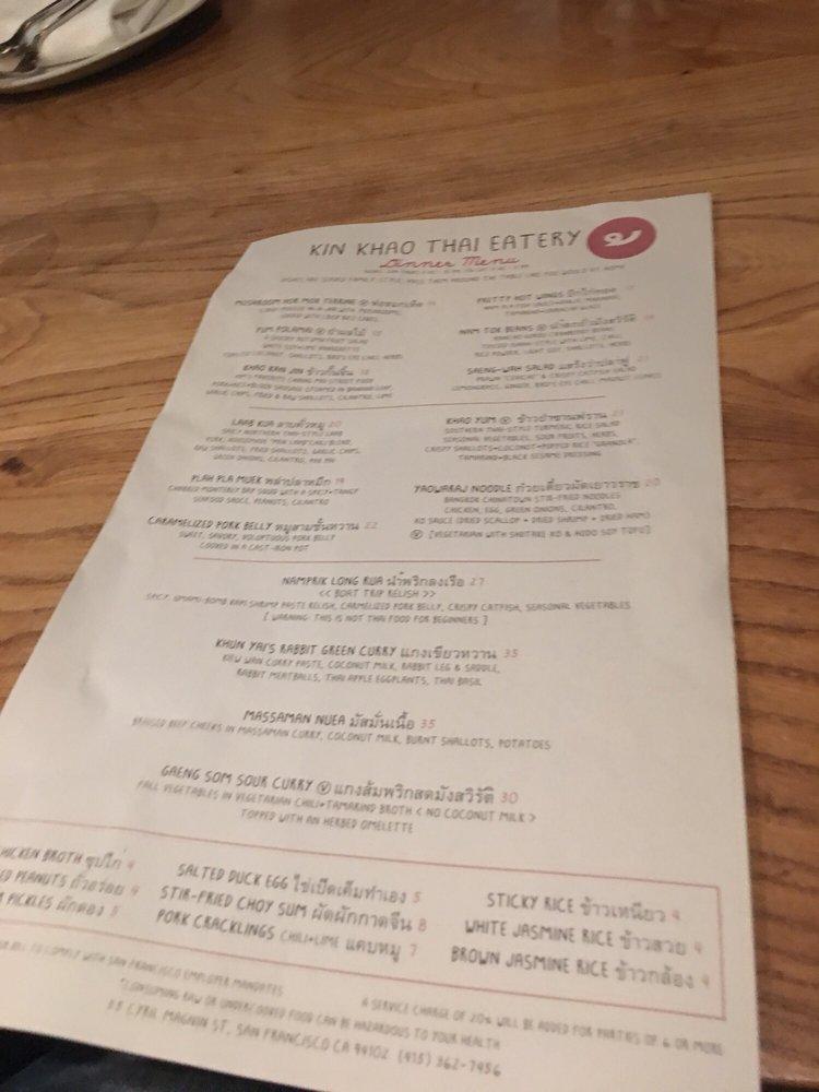 Menu at Kin Khao restaurant, San Francisco