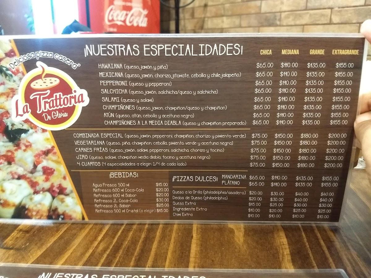 Carta del restaurante La Trattoria del Gloria, Villa del Álvarez