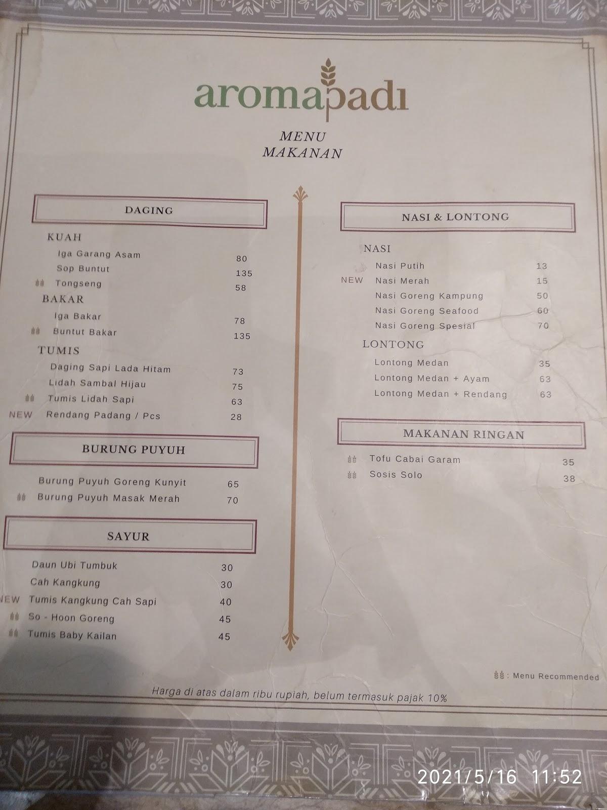 Menu at Ladang Padi restaurant, South Jakarta