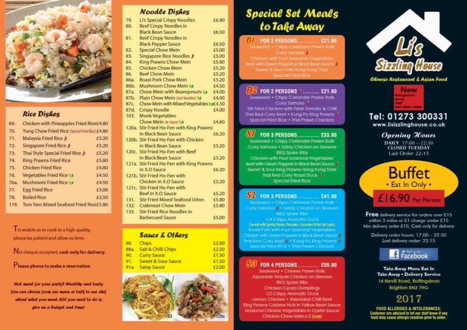 Menu at Li's Sizzling House restaurant, Brighton