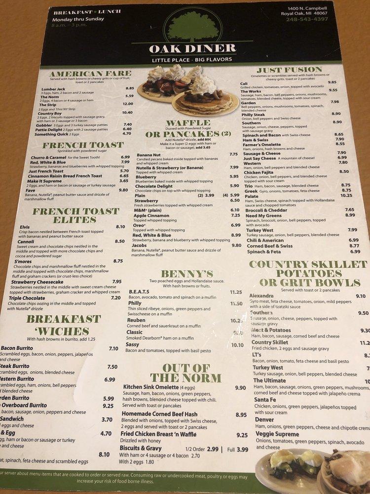 Menu at Oak Diner restaurant, Royal Oak