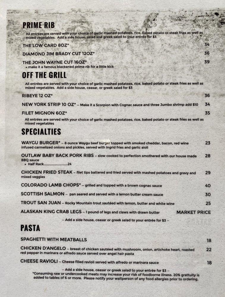 Menu at Outlaw Restaurant, Ouray