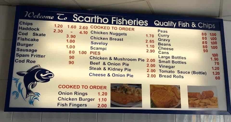 Menu at Scartho Fisheries fast food, Grimsby