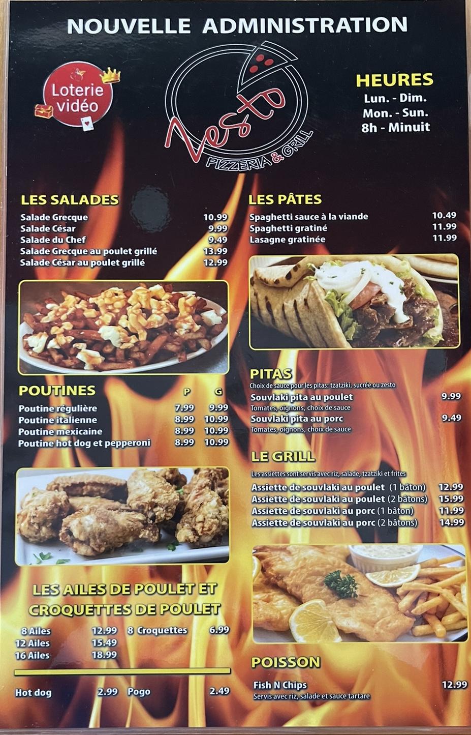 Menu au Zesto Pizzeria & Grill, Laval