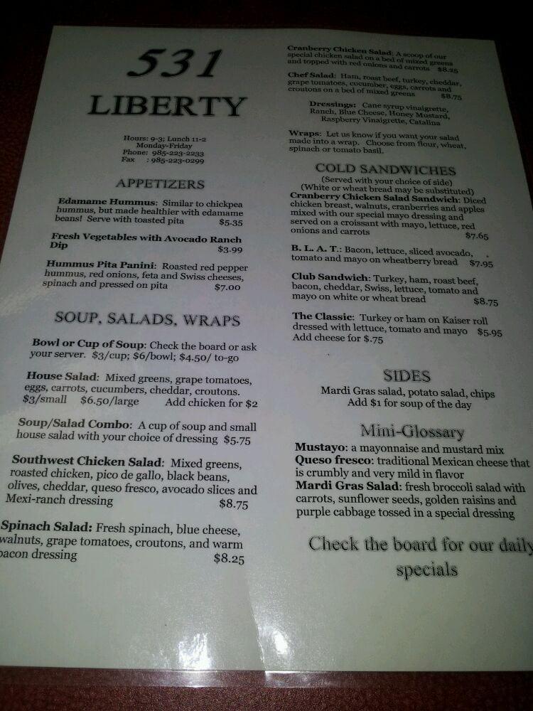 Menu at 531 Liberty Cafe, Houma