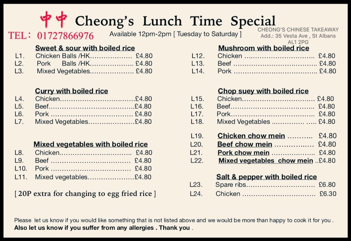 Menu at cheong's chinese takeaway fast food, St Albans