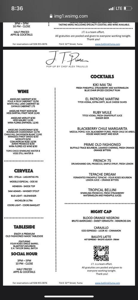Menu at J.T. Prime Kitchen Yuma pub & bar, Yuma