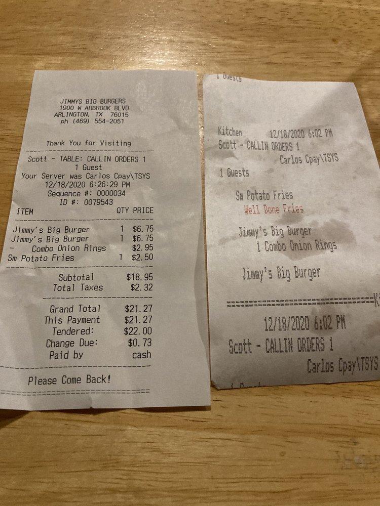 Menu at Jimmys Big Burgers, Arlington, West Arbrook Blvd Ste 116