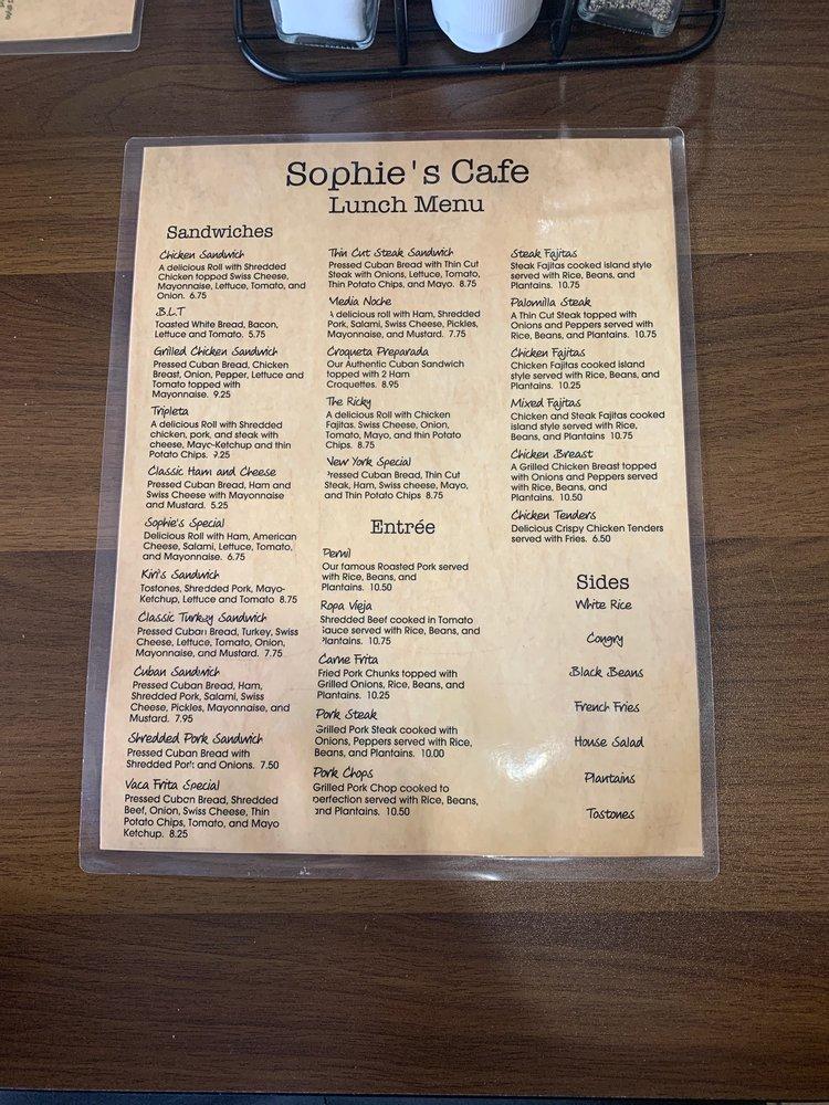 Menu at Sophie’s Cafe, Sebring