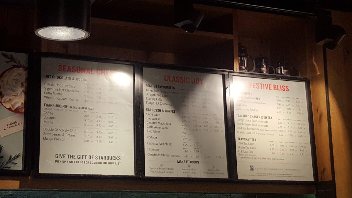 Menu at Starbucks Coffee, Reading, The Oracle