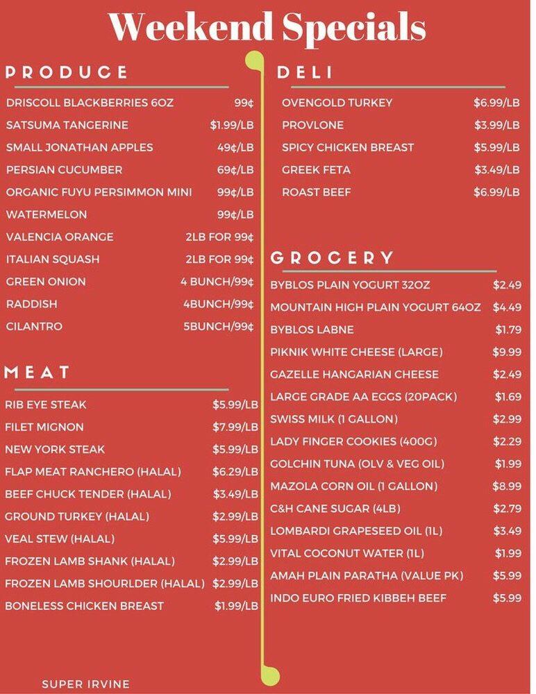 Menu at Super Irvine restaurant, Irvine