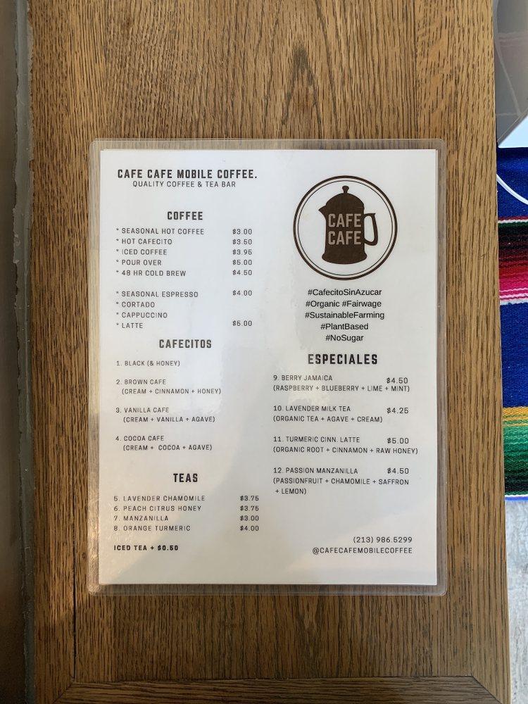 Menu at Cafe cafe mobile coffee, Los Angeles