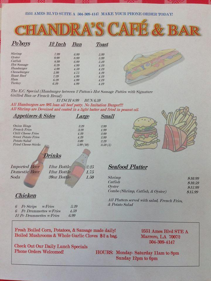 Menu at Chandra's Cafe & Bar, Marrero