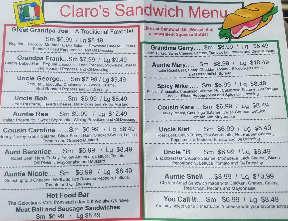 Menu at Claro's Italian Markets restaurant, Upland, N Mountain Ave