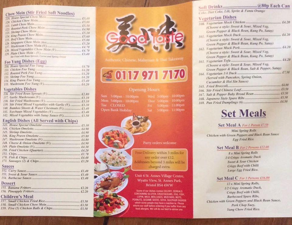 Menu at Good Taste restaurant, Bristol