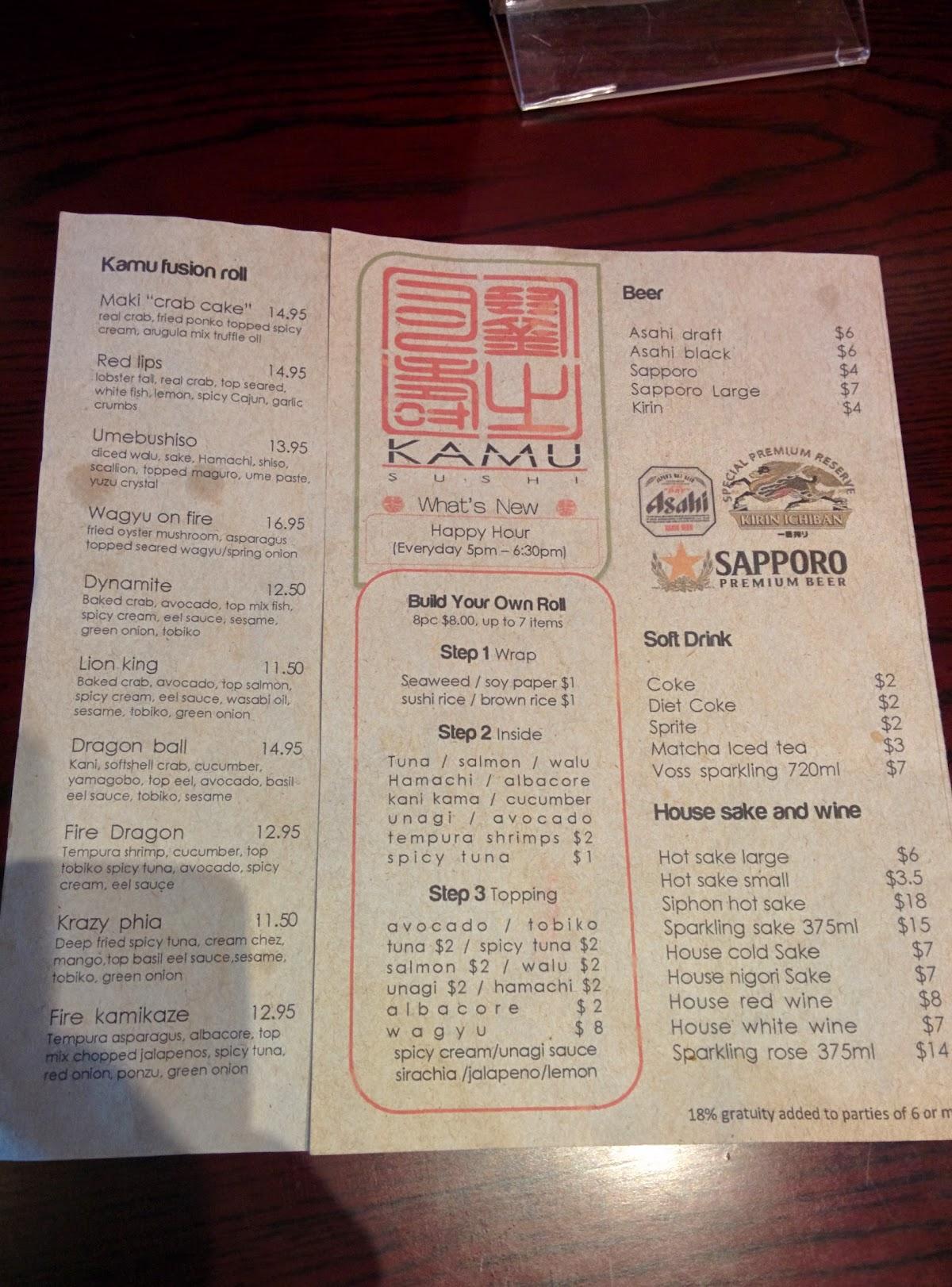 Menu at Kamu Sushi restaurant, South San Francisco