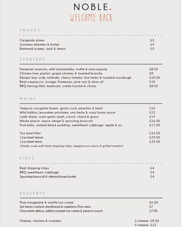 Menu at Noble restaurant, Holywood