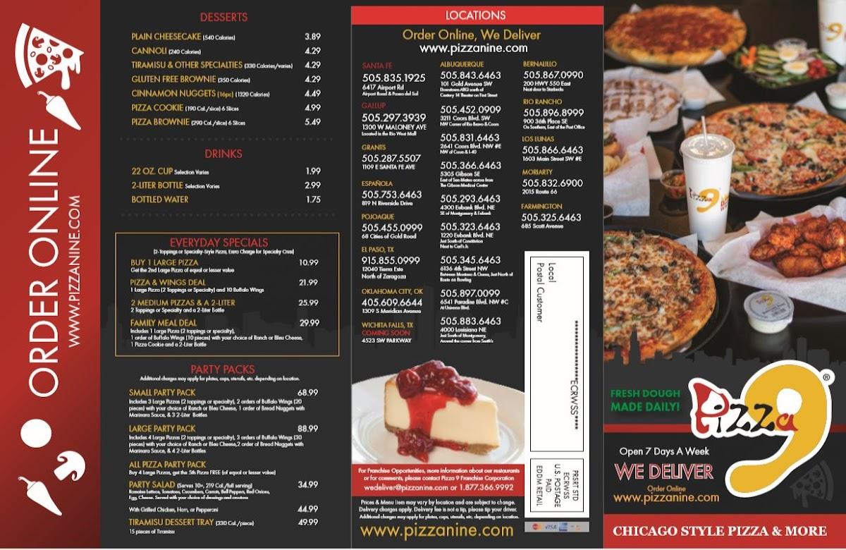 Menu at Pizza 9 Alamogordo pizzeria, Alamogordo