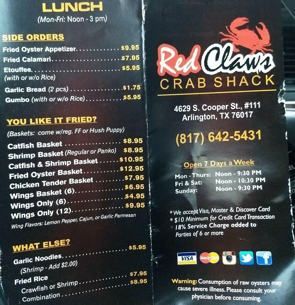 Menu at Red Claws Crab Shack pub & bar, Arlington