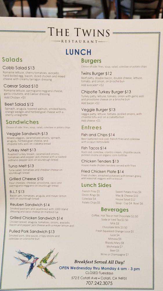 Menu at The Twins Restaurant, Cotati