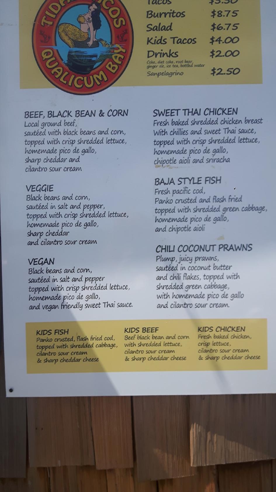 Menu at Fanny Bay Tidal Tacos restaurant, Qualicum Bay