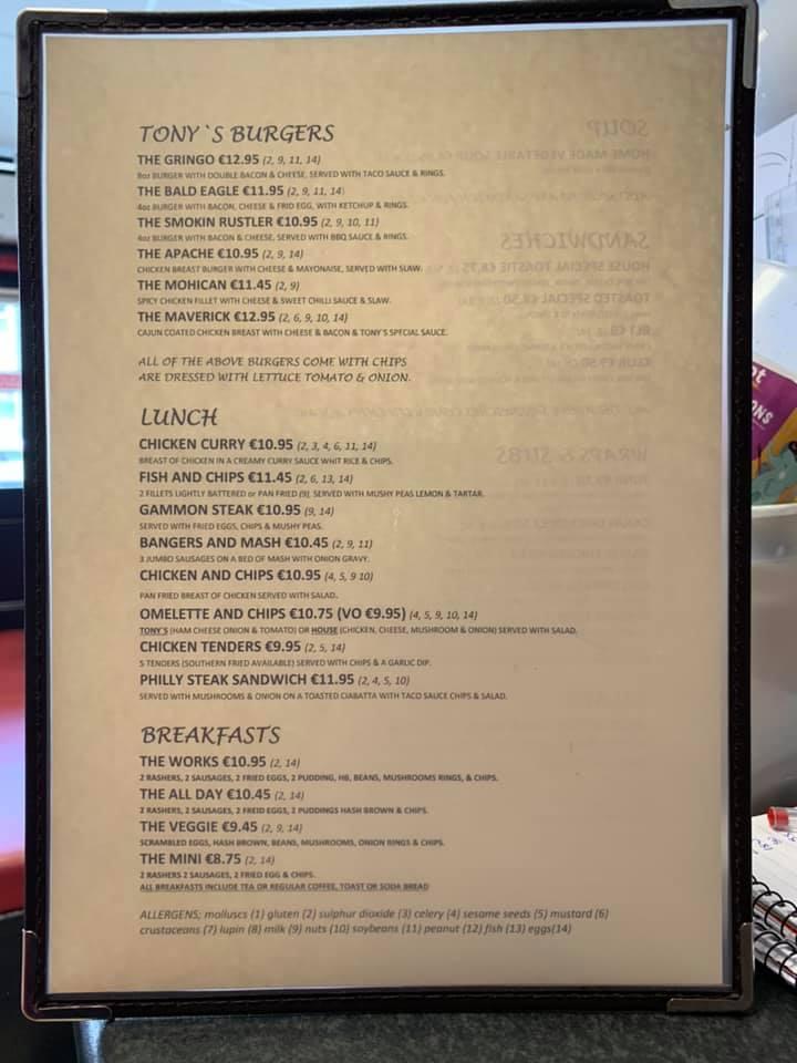Menu at Tony's Grill Diner restaurant, Moycullen