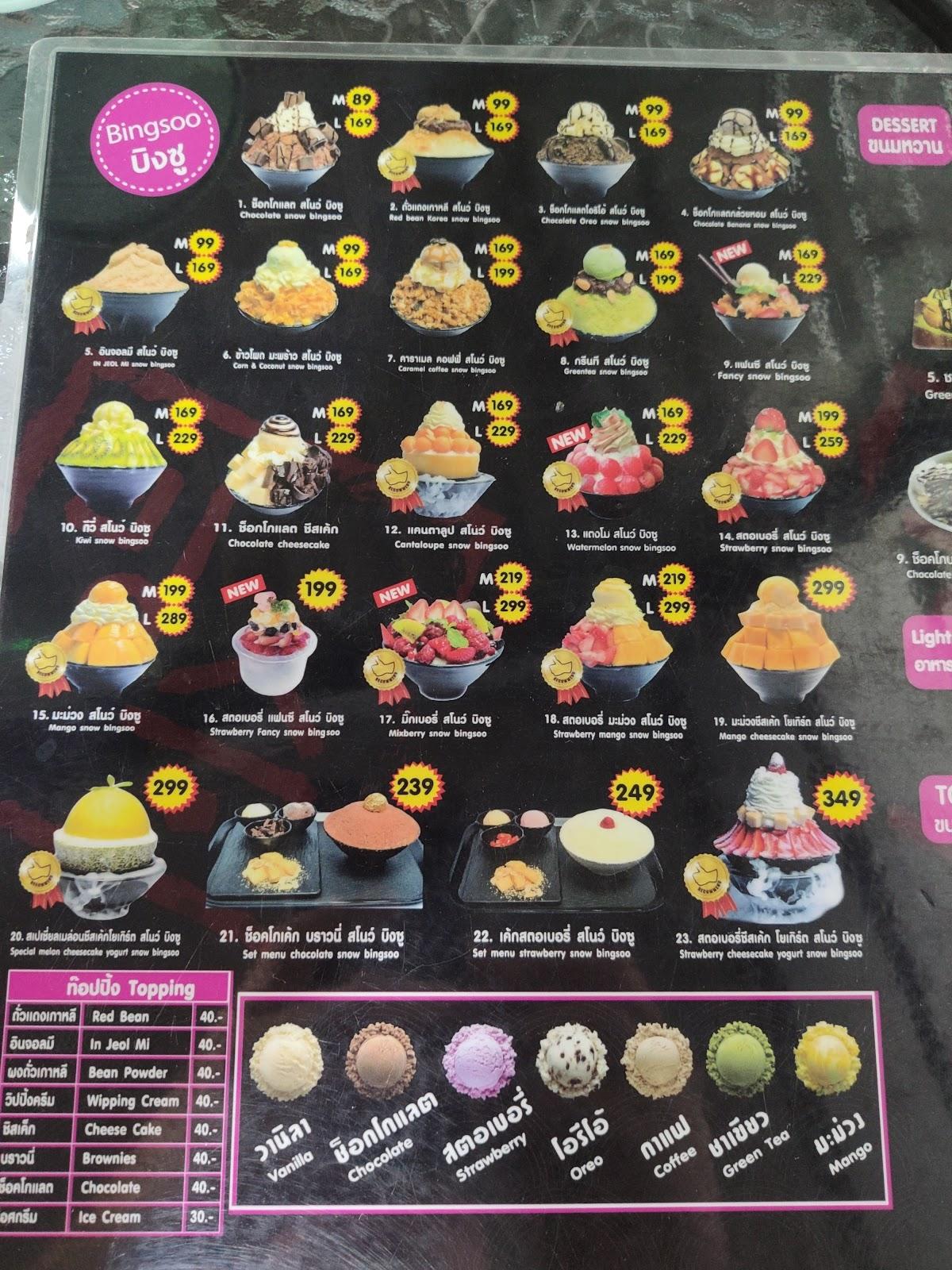Menu at Uni Snow Bingsu desserts, Bangkok
