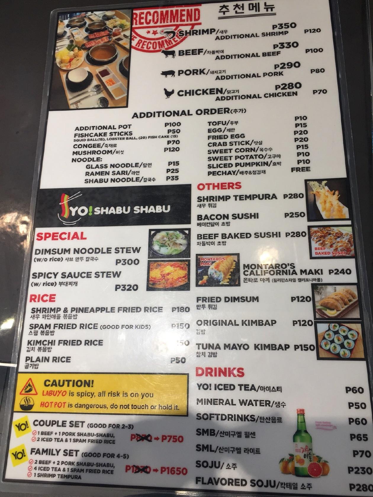 Menu at Yo! Shabu shabu restaurant, Mabalacat