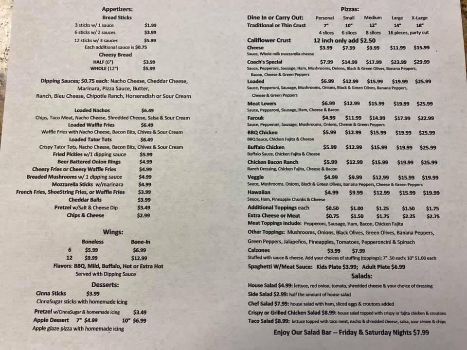 Menu at Biggin's Place pub & bar, Loogootee