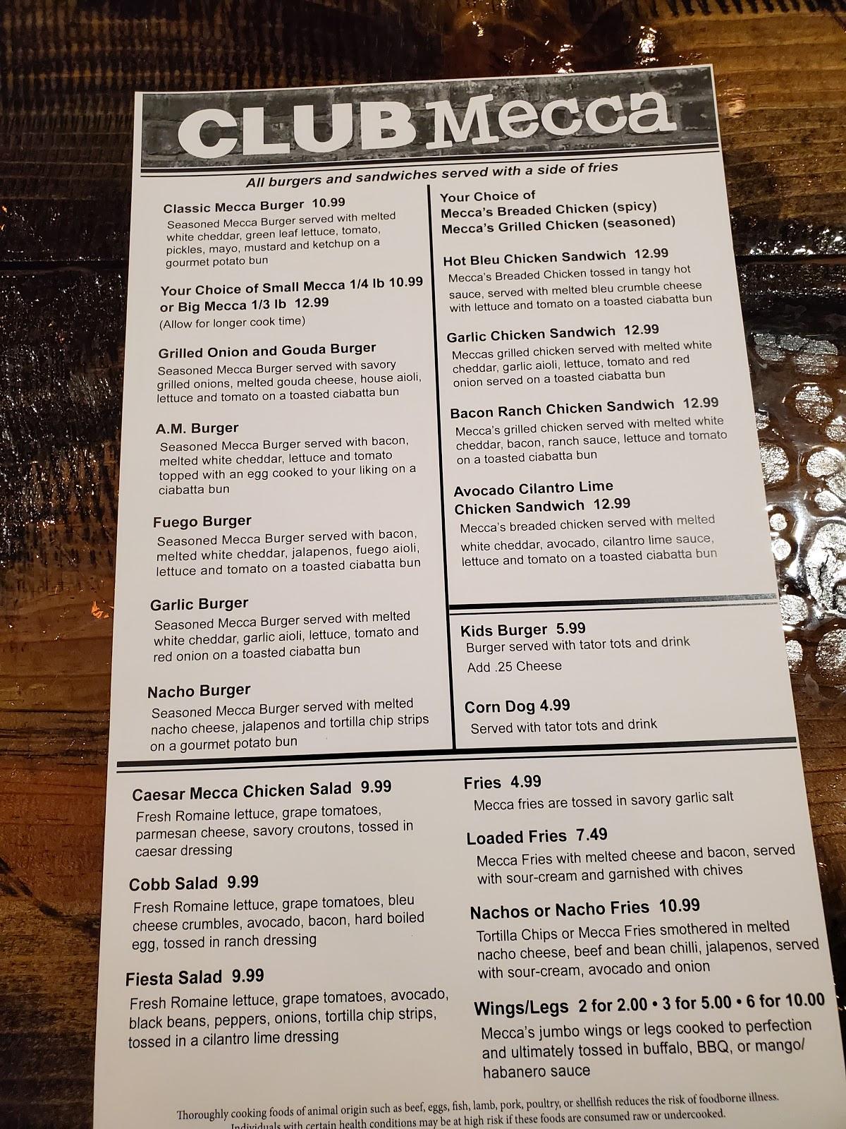 Menu at Club Mecca, Price