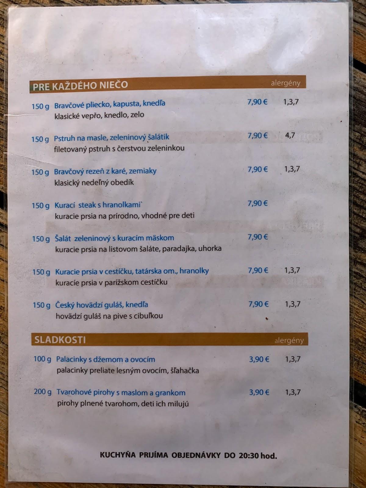 Menu at Funus pub & bar, Bratislava