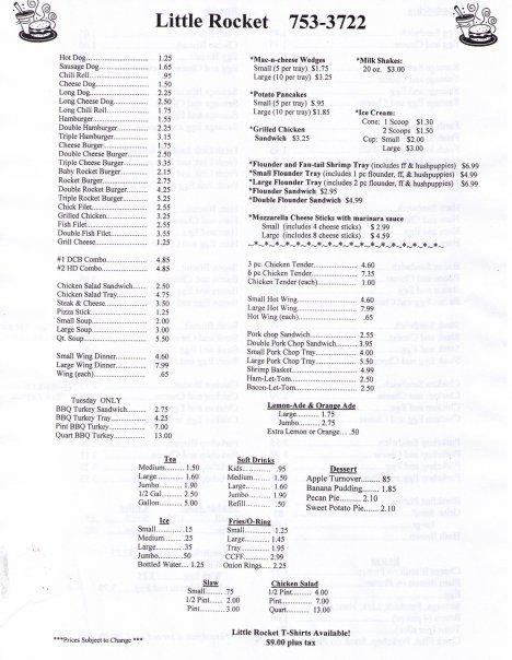 Menu at Little Rocket restaurant, Farmville