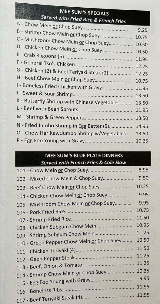 Menu at Mee Sum Restaurant, Fall River