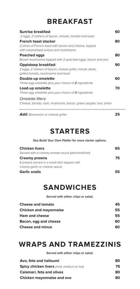 Menu at Oppi Stoep restaurant, Marquard