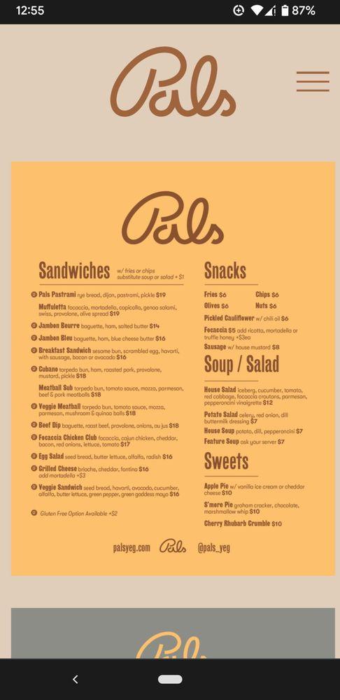 Menu at Pals Sandwiches pub & bar, Edmonton