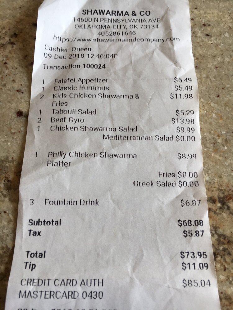 Menu at Shawarma & Co restaurant, Oklahoma City