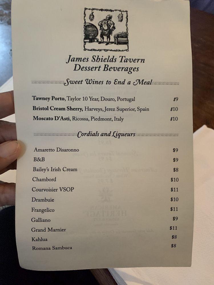 Menu at Shields Tavern restaurant, Williamsburg