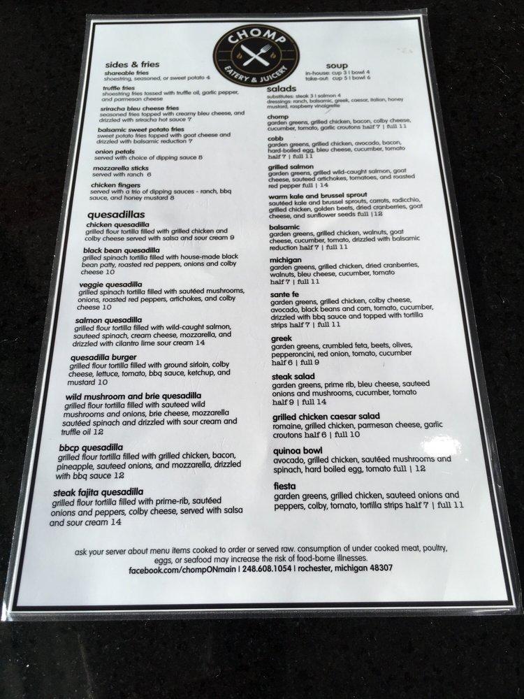 Menu at Chomp restaurant, Rochester