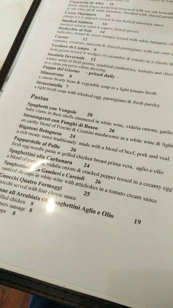 Menu at Claudio's restaurant, Hamilton