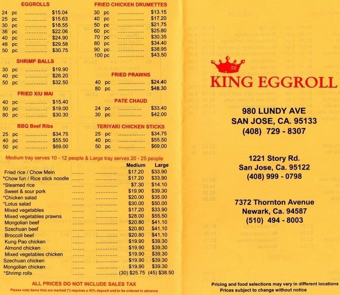 Menu at King Egg Roll restaurant, San Jose, 980 Lundy Ave